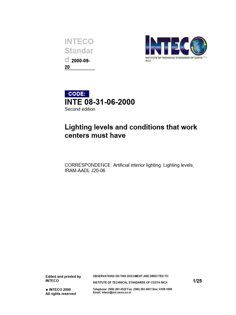 INTECO Standard For Lighting Levels and Conditions 31-08-06-00 | PDF ...