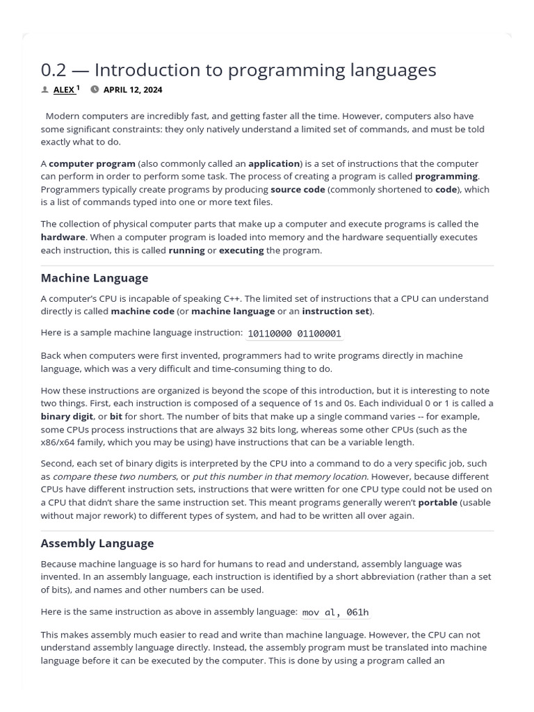 0.2 - Introduction To Programming Languages - Learn C++ | PDF | Assembly Language | Compiler