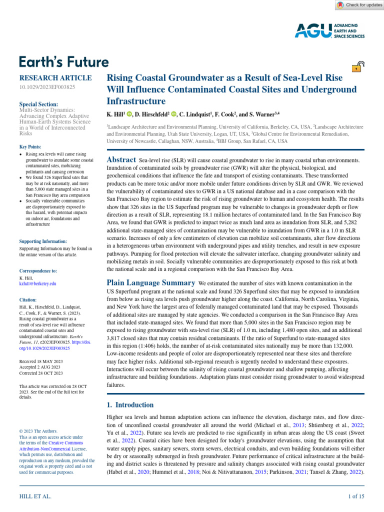 Earth S Future 2023 Hill Rising Coastal Groundwater As A Result | PDF ...