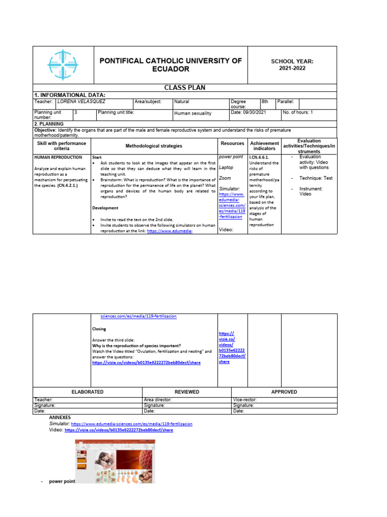 Human Reproduction Class Plan | PDF | Simulation | Teachers