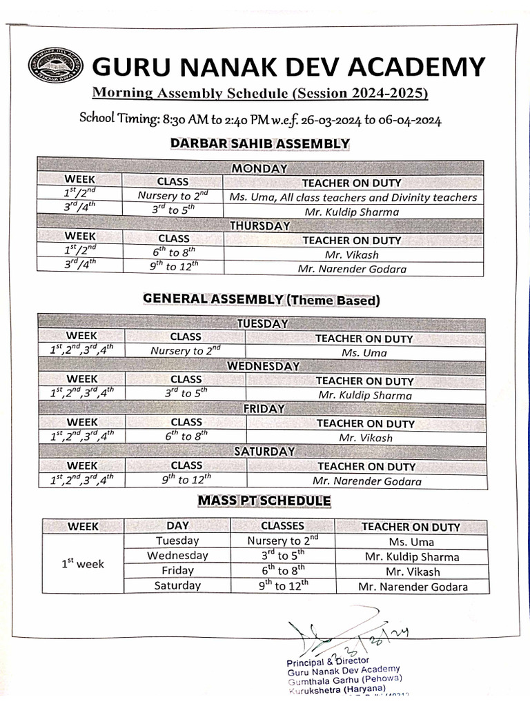 School Timing & Assembly Schedule W.E.F. 26-3-2024 To 6-4-2024 | PDF