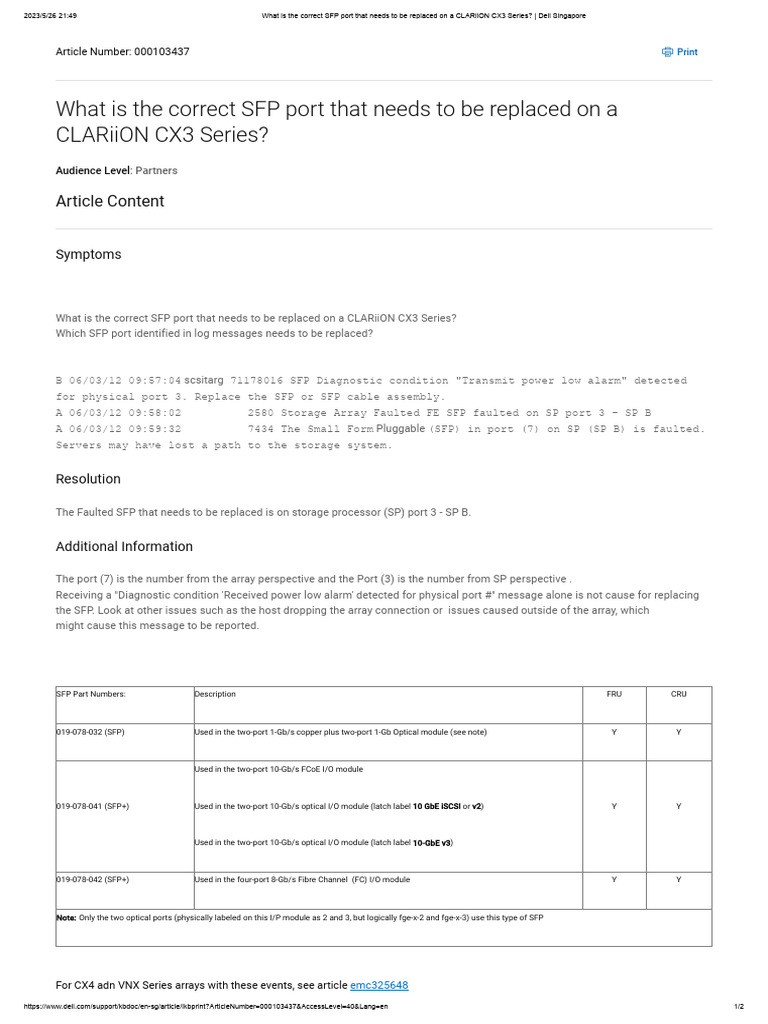 What Is The Correct SFP Port That Needs To Be Replaced On A CLARiiON CX3 Series - Dell Singapore ...