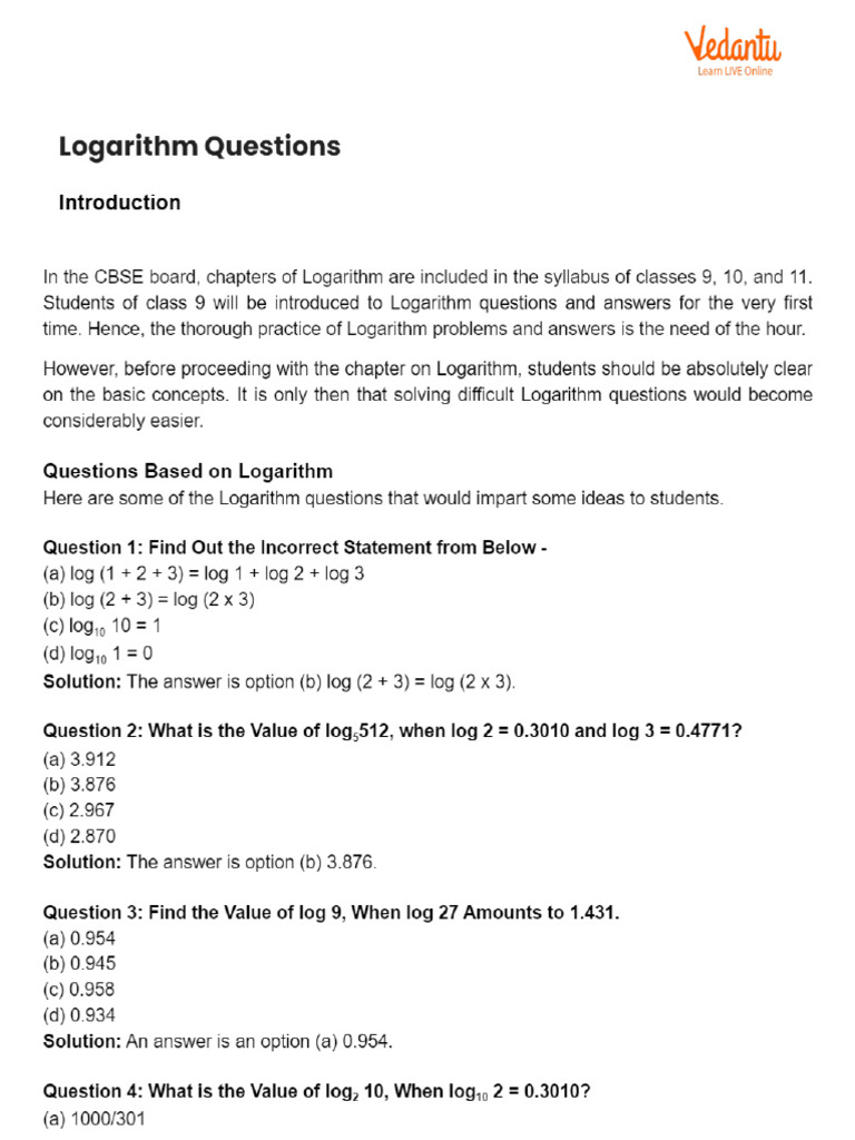Logarithm Questions | PDF