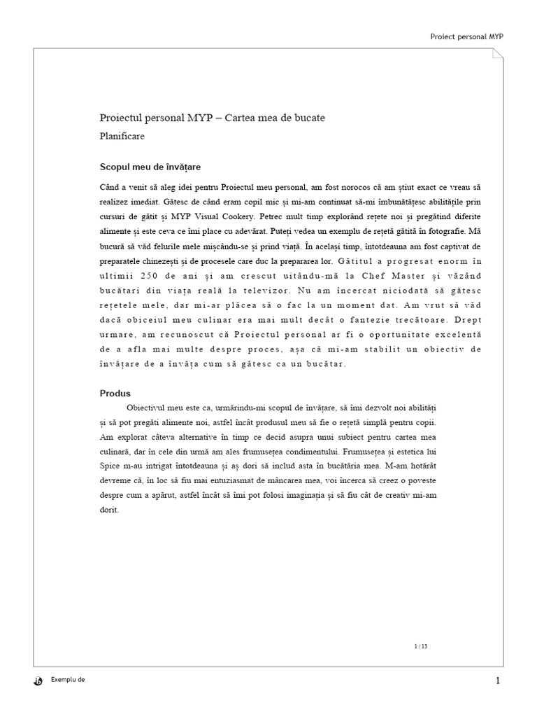 Proiect Personal MYP - Cartea Mea de Bucate: Planificare | PDF