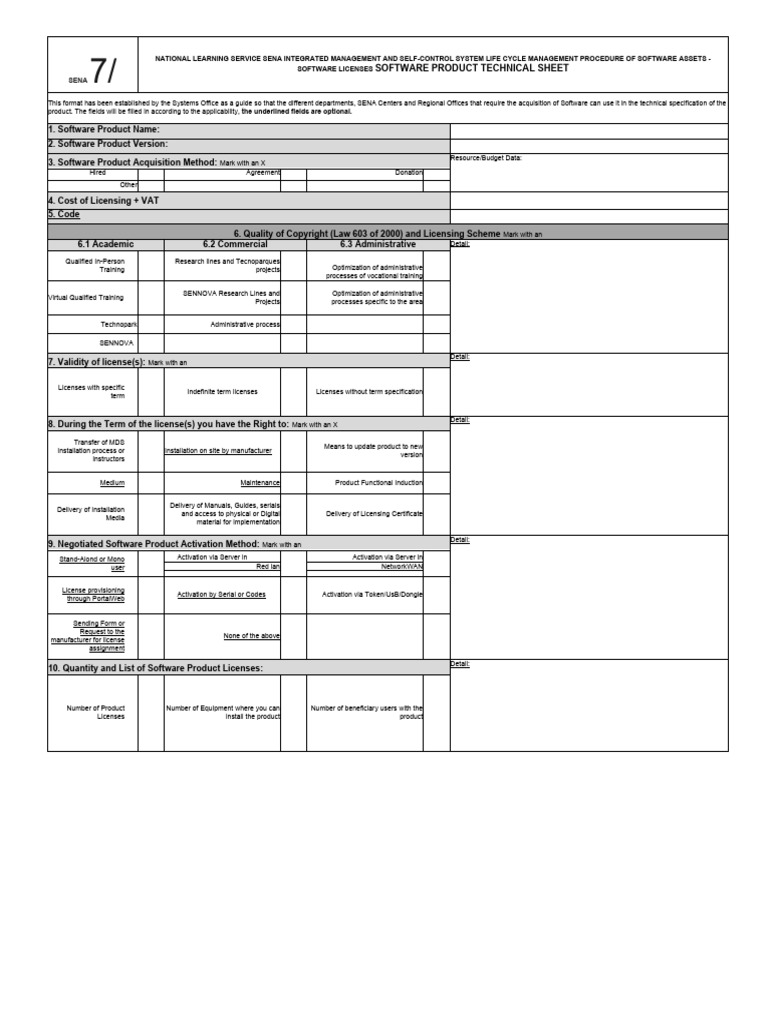 GTI-F-016 Software Product Technical Sheet Template Format V02 | PDF ...