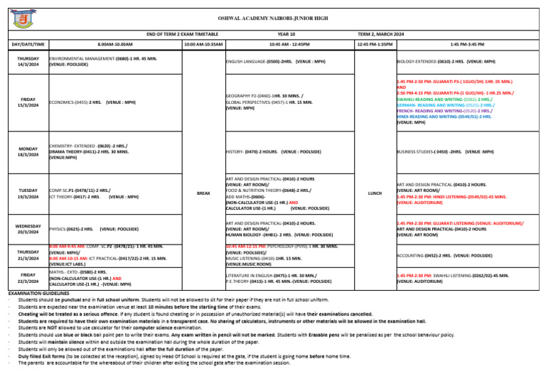 Year 10 End Term 2 Exam Timetable | PDF Year 10 End Term 2 Exam Timetable | PDF