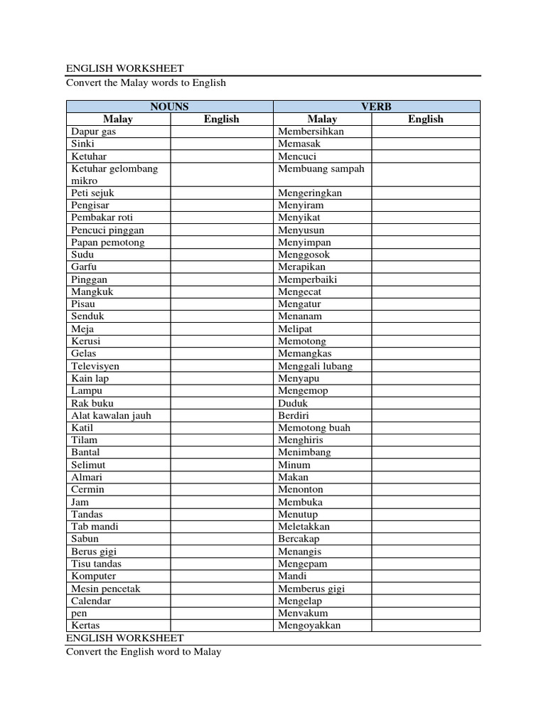 Malay-English Vocabulary Worksheet | PDF | Linguistics | Semantic Units