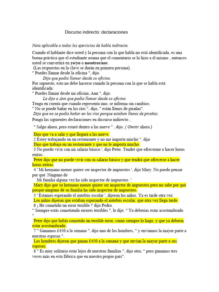Discurso Indirecto - Ejercicios | PDF