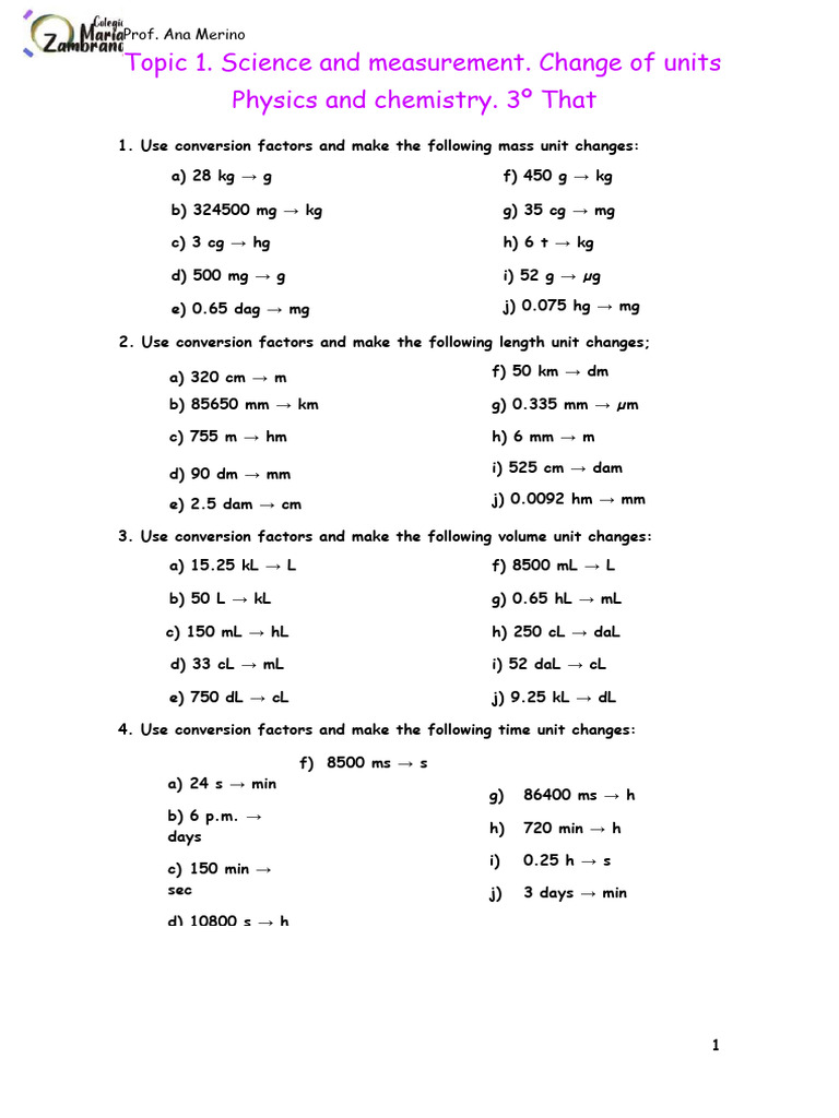 Physics and Chemistry. Theme 1. Unit Conversion. 3º That. | PDF | Litre | Volume