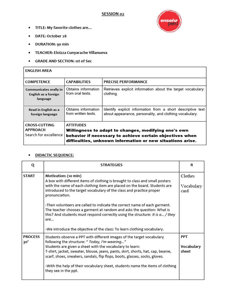 Clothing Vocabulary Lesson Plan | PDF | Vocabulary | Clothing