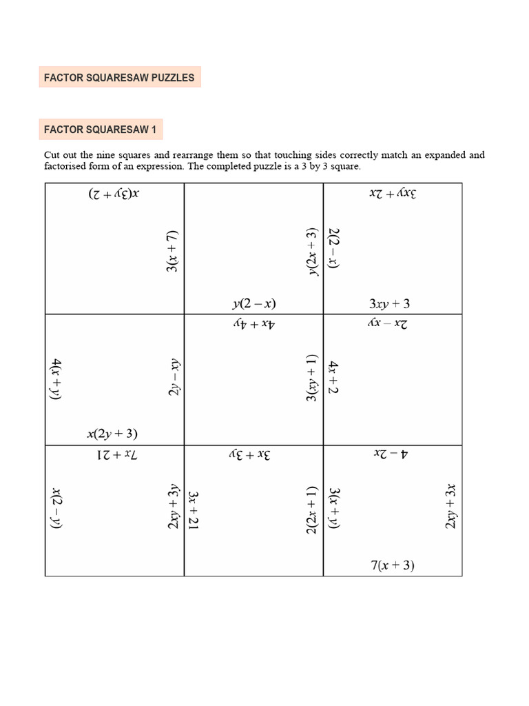 Factor Squaresaw Puzzle Guide | PDF | Home & Garden | Science & Mathematics