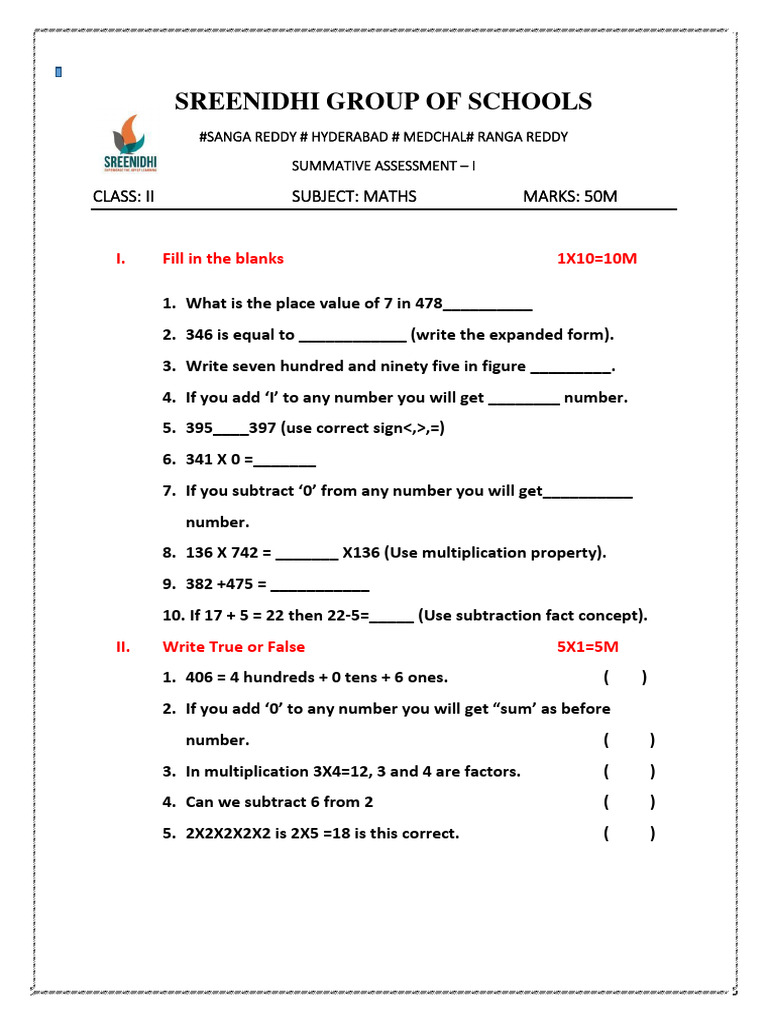 SA 1 2nd CLASS MATHS QUESTION PAPER | PDF | Summation | Mathematics