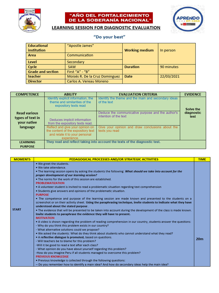LEARNING SESSION - Diagnostic Evaluation | PDF | Reading Comprehension | Learning