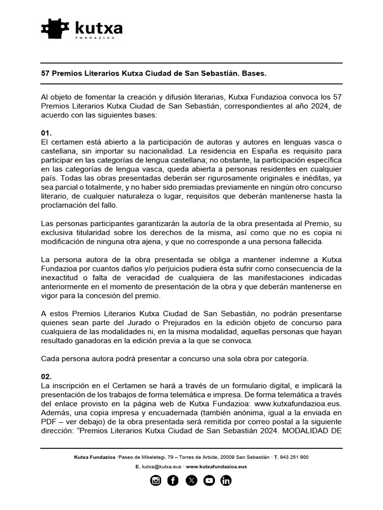 Premios Literarios Kutxa 2024: Bases y Requisitos | PDF | Negocios ...
