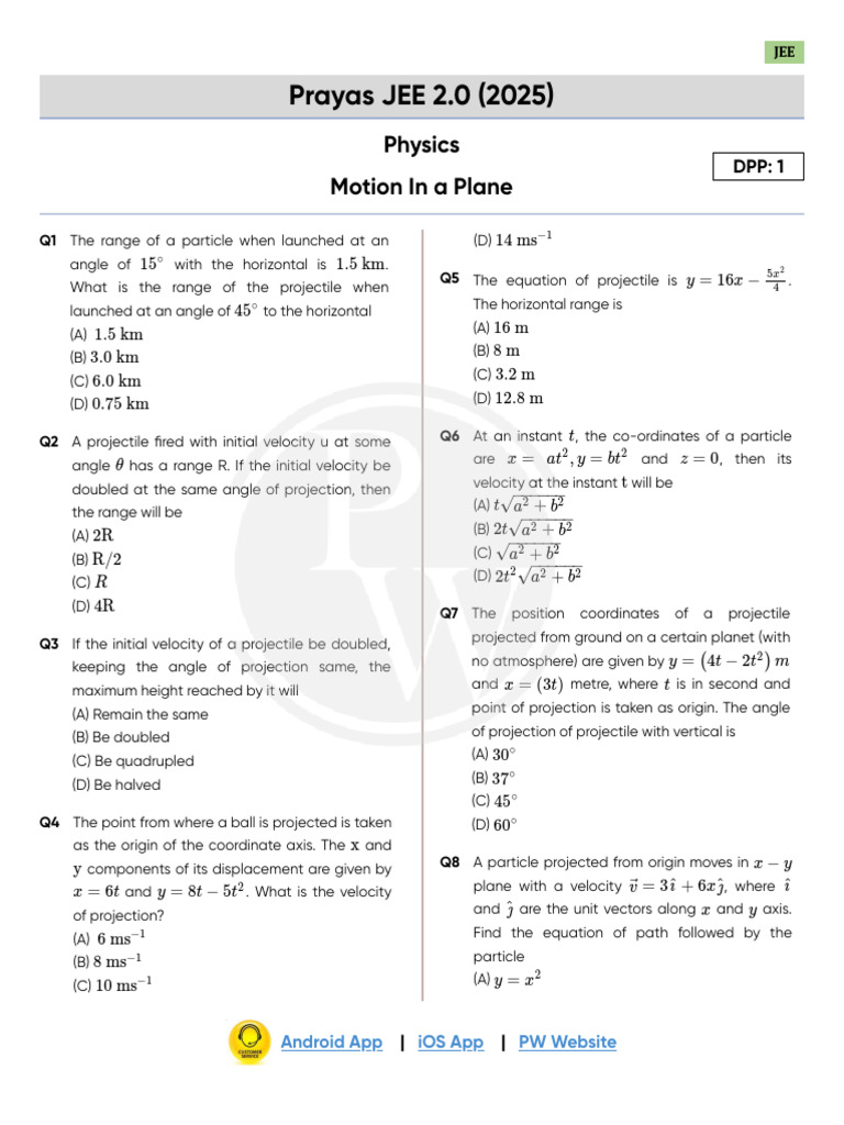 Motion in Plane - DPP 01 - Prayas JEE 2.0 2025 | PDF | Projectiles | Applied And ...