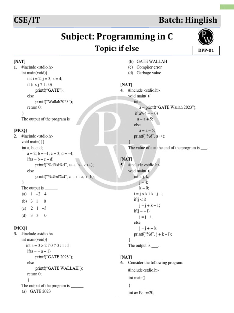 Control Flow Statements - DPP - 01 - Shreshth GATE 2025 Computer ...