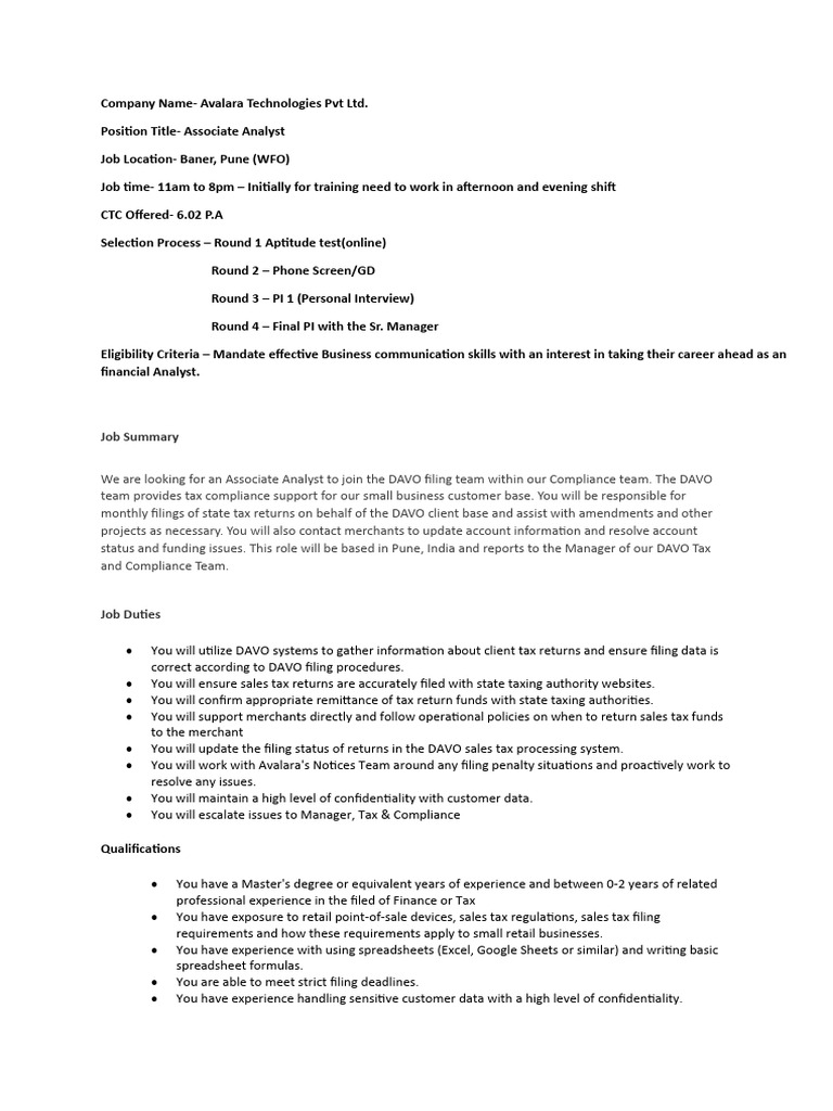 Avalara - JD - Associate Analyst | PDF | Regulatory Compliance | Retail