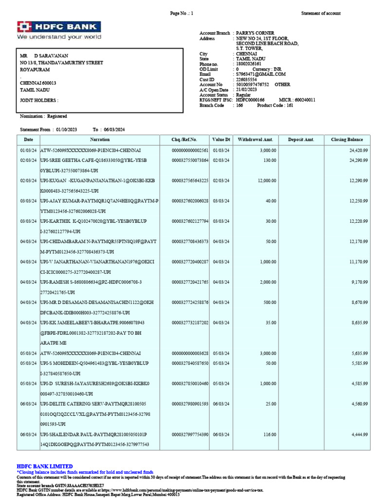 Date Narration Chq./Ref - No. Value DT Withdrawal Amt. Deposit Amt ...