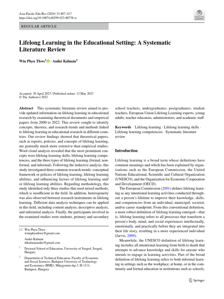 Lifelong Learning in The Educational Setting: A Systematic Literature ...