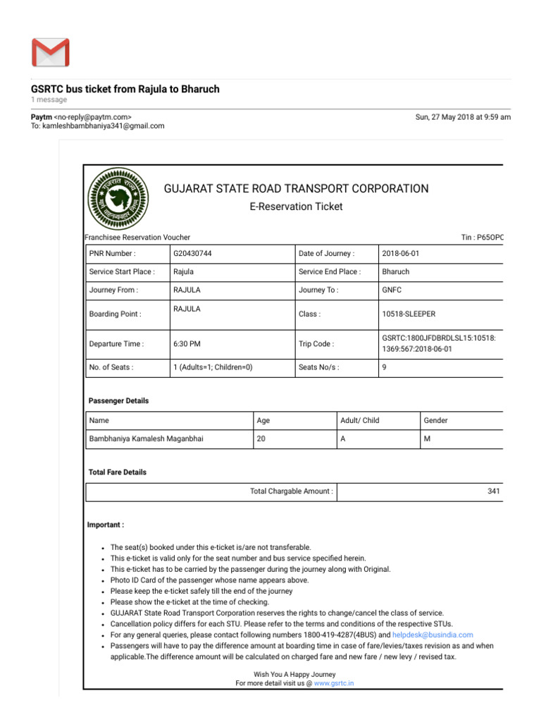 Gmail - GSRTC Bus Ticket From Rajula To Bharuch | PDF | Fare | Payments