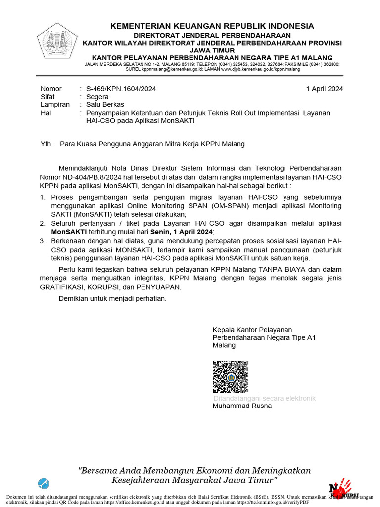 S-469 Ketentuan Dan Juknis Implementasi Layanan HAI-CSO Pada Aplikasi MonSAKTI | PDF ...