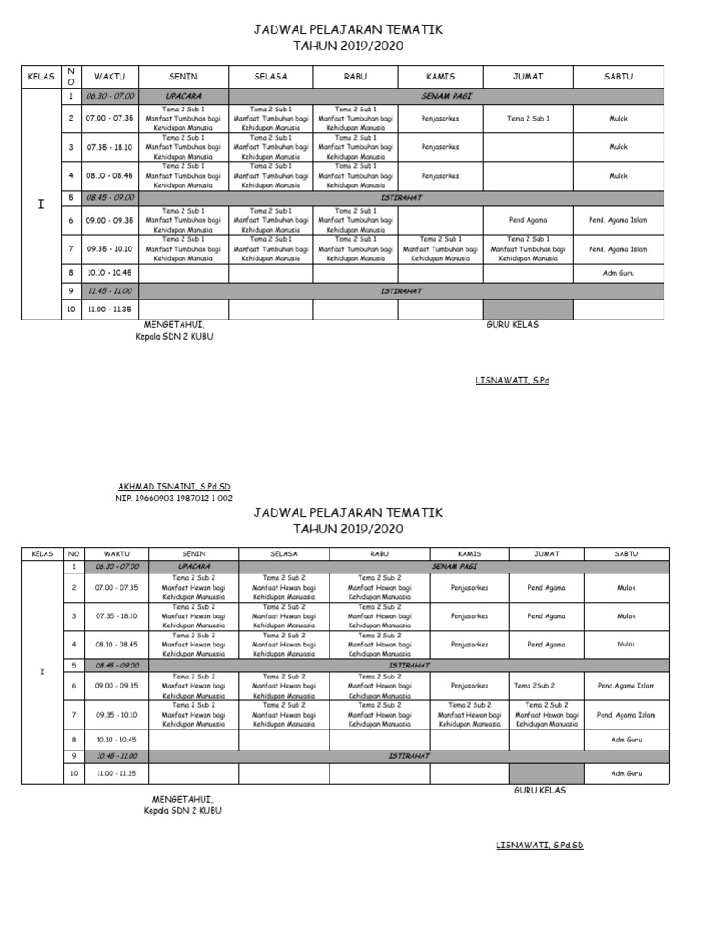 Jadwal Pelajaran Kelas 1 Pdf