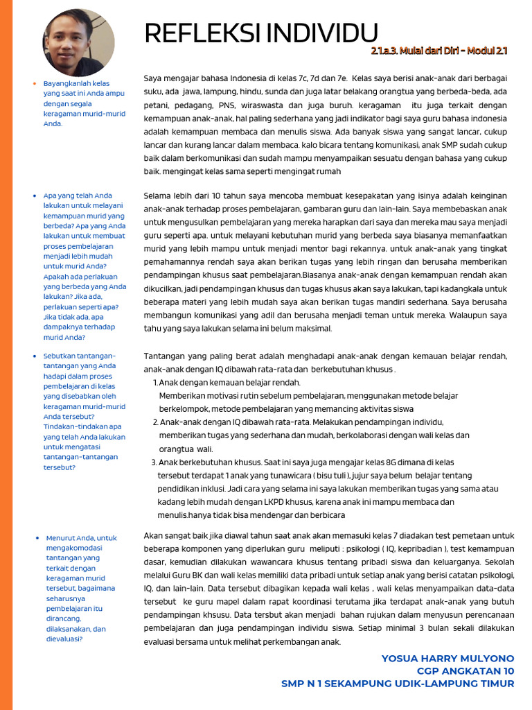 Yosua Harry Mulyono - Refleksi Individu Modul 2.1.a3 | PDF | Kesehatan Holistik