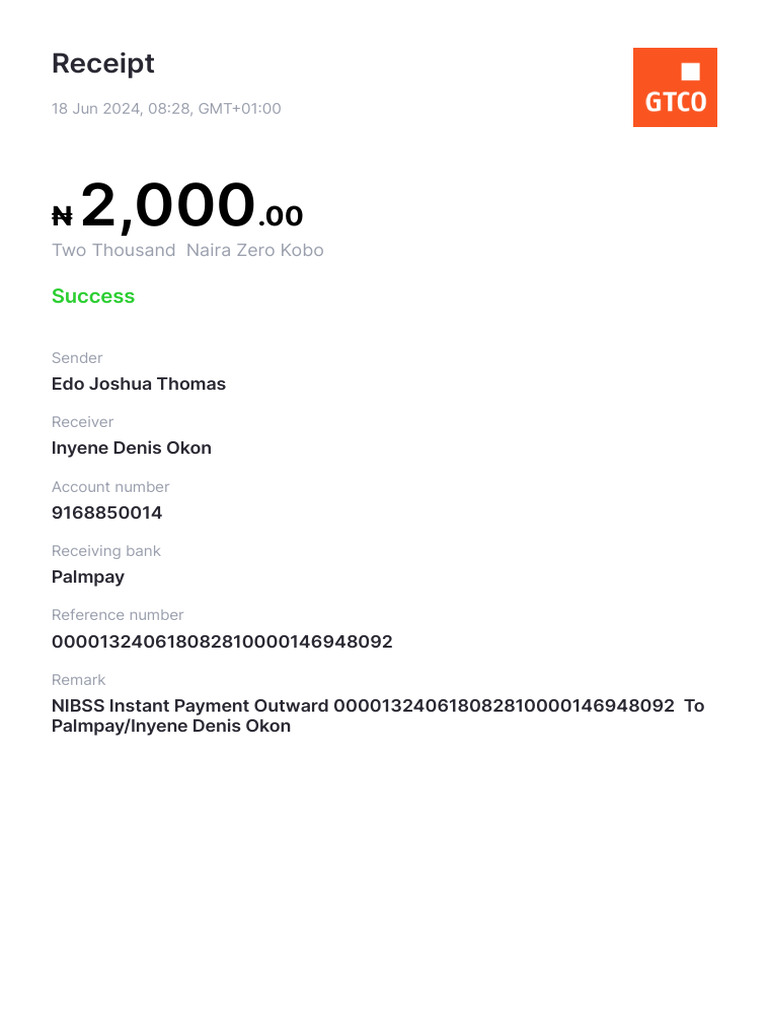 Successful Payment Receipt: ₦2,000 Transfer | PDF
