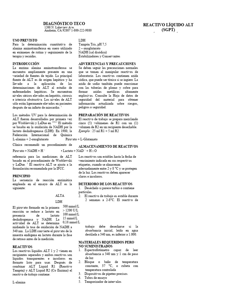 Teco Diagnostics: Reactivo Líquido Alt (SGPT) (Método Cinético) | PDF | Transaminasa | Alanina ...