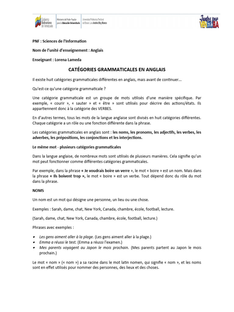 Catégories grammaticales en anglais | PDF | Nom (grammaire) | Phrase