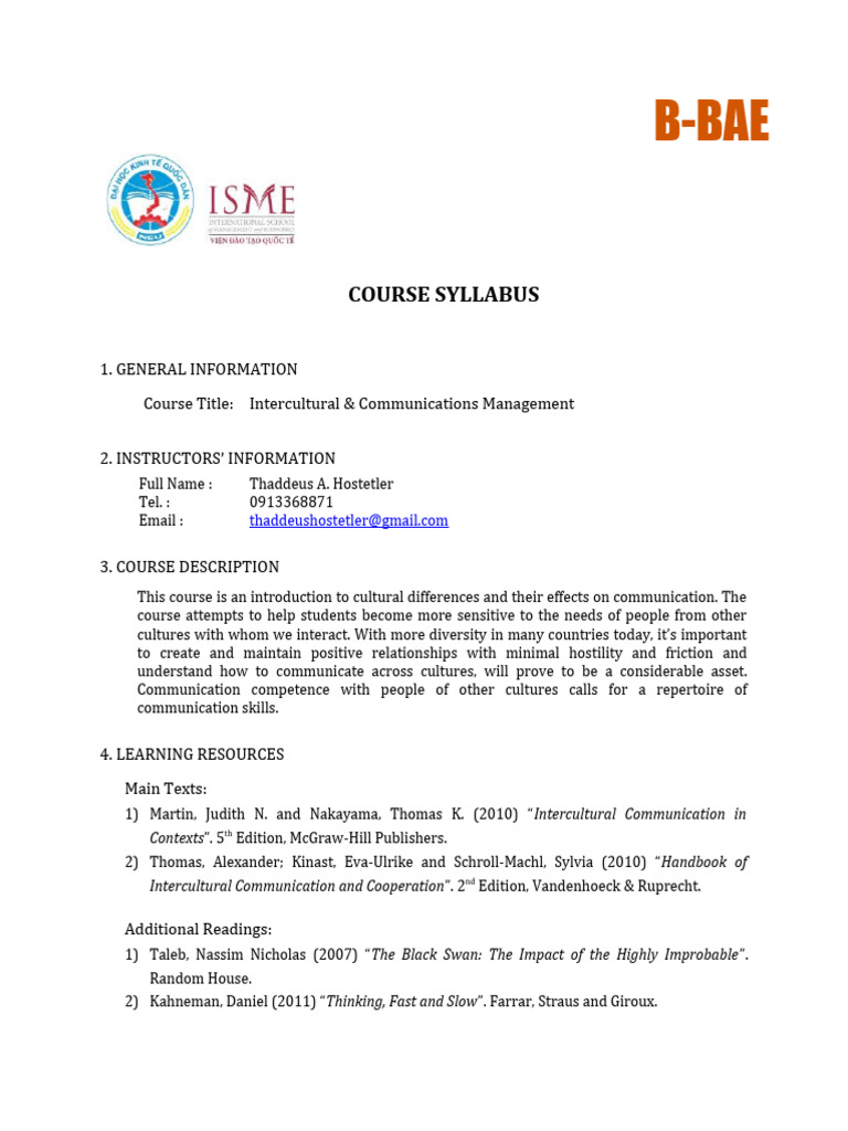 Intercultural Communication Management Syllabus - BBAE | PDF ...