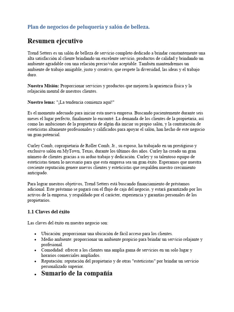 Plan de Negocios de Peluquería y Salón de Belleza. | PDF | Business | Outsourcing