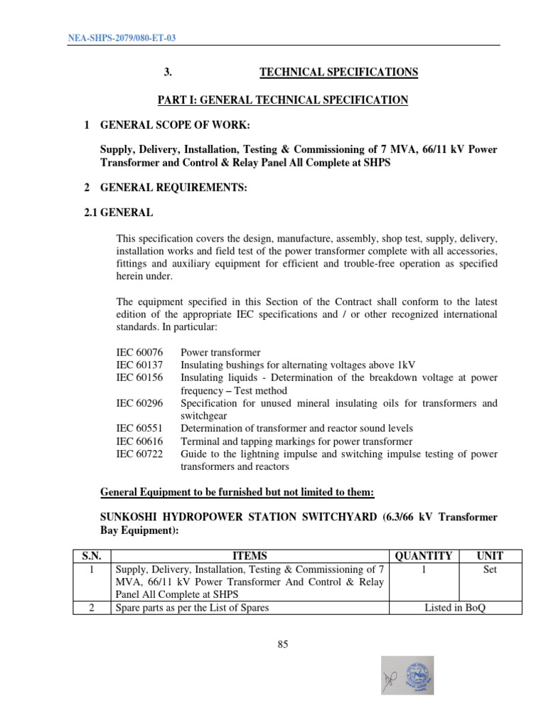 7 MVA Power Transformer Specifications | PDF | Transformer ...