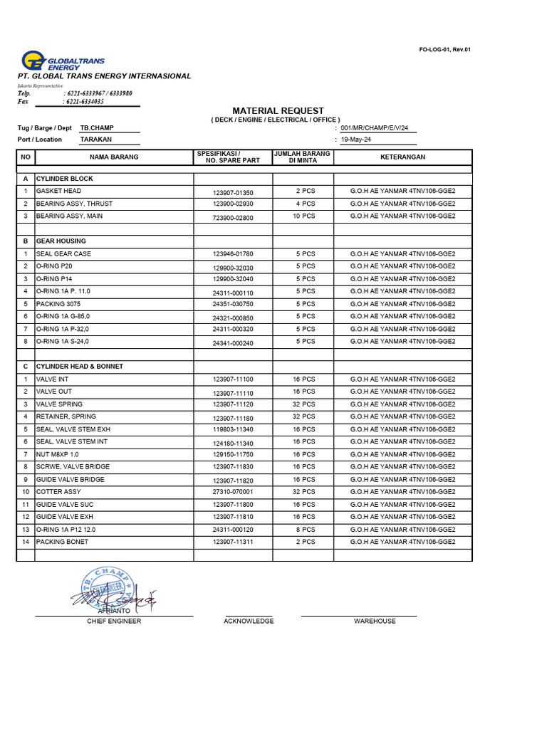 Material Request for Yanmar & Mitsubishi Parts | PDF | Piston | Vehicle ...
