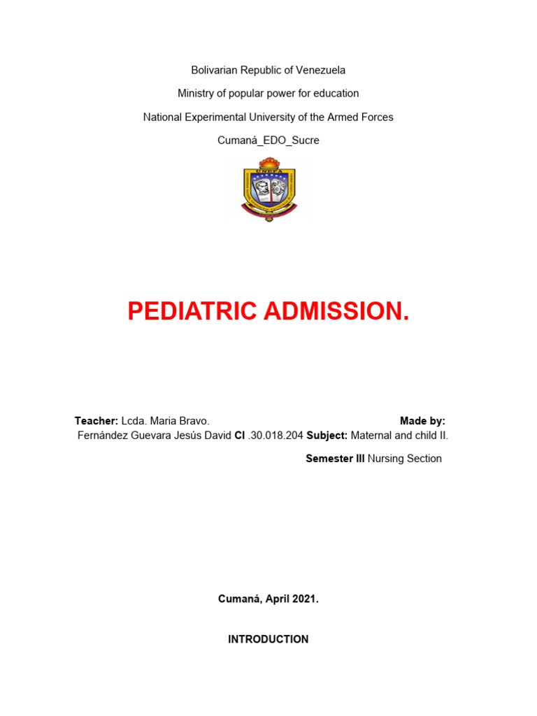 Pediatric Admission | PDF | Nursing | Patient