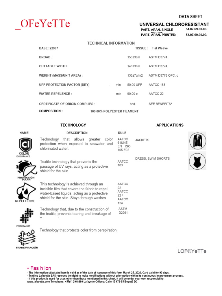 Universal Chlororesistant Fabric Data Sheet | PDF | Textiles | Sewing ...