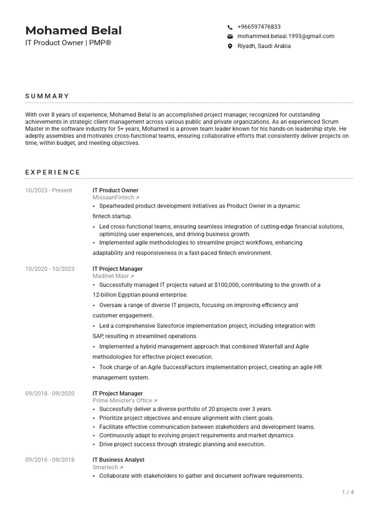 Mohamed Belal - IT Product Owner - PMP - CV - 240111 - 112314 | PDF | Scrum (Software ...