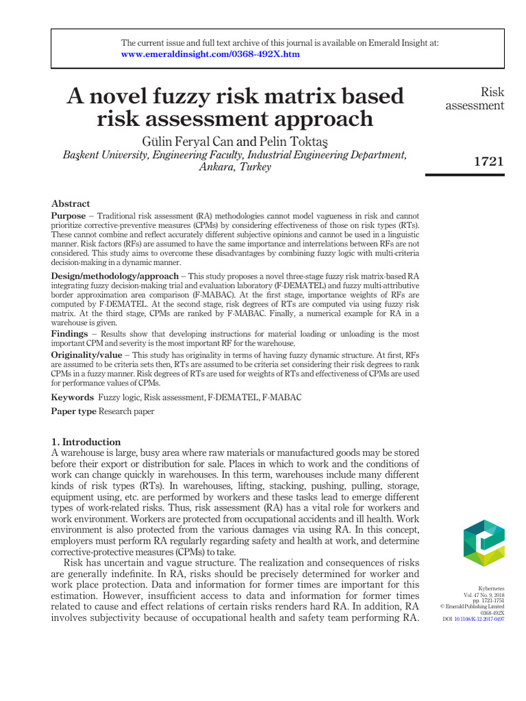 Can Et Al. (2018) A Novel Fuzzy Risk Matrix Based Risk Assessment Approach | PDF | Risk | Fuzzy ...