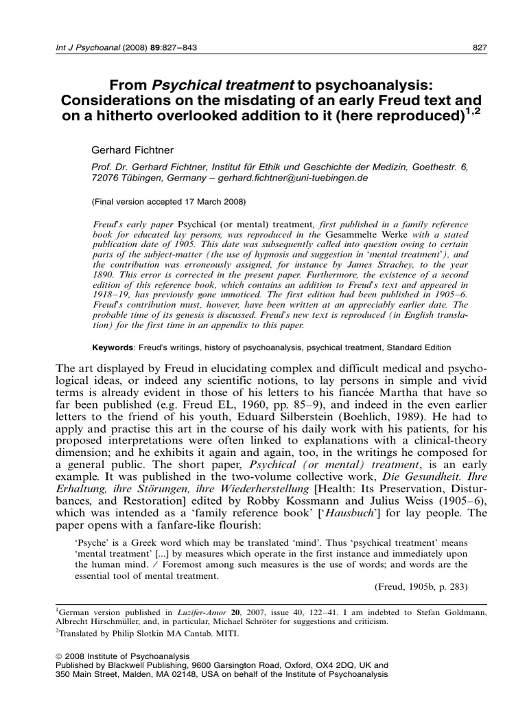 Fichtner, Gerhard. From - em - Psychical Treatment - em - To ...