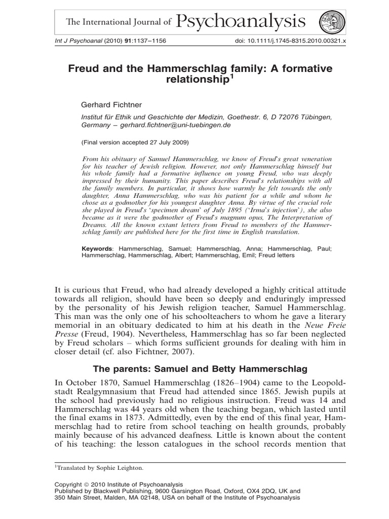 Fichtner, Gerhard. Freud and The Hammerschlag Family - A Formative ...