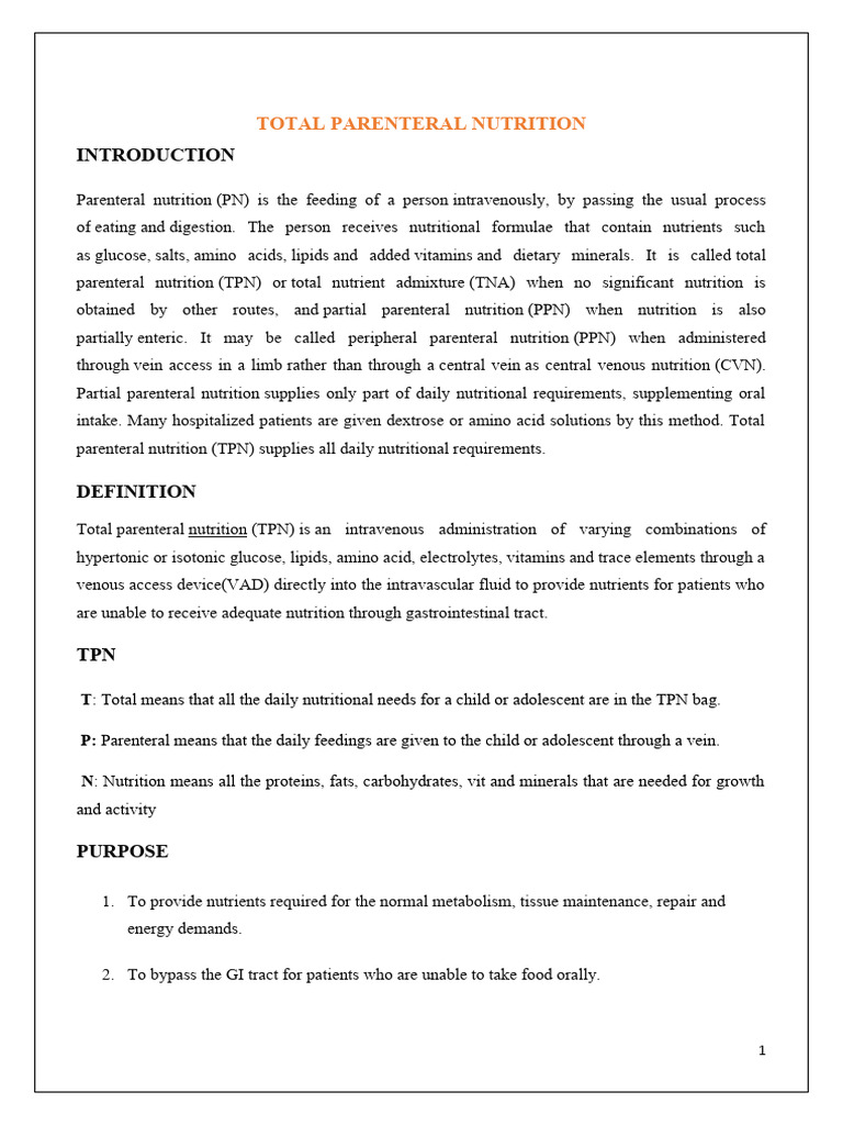 Total Parenteral Nutrition | PDF | Intravenous Therapy | Nutrition