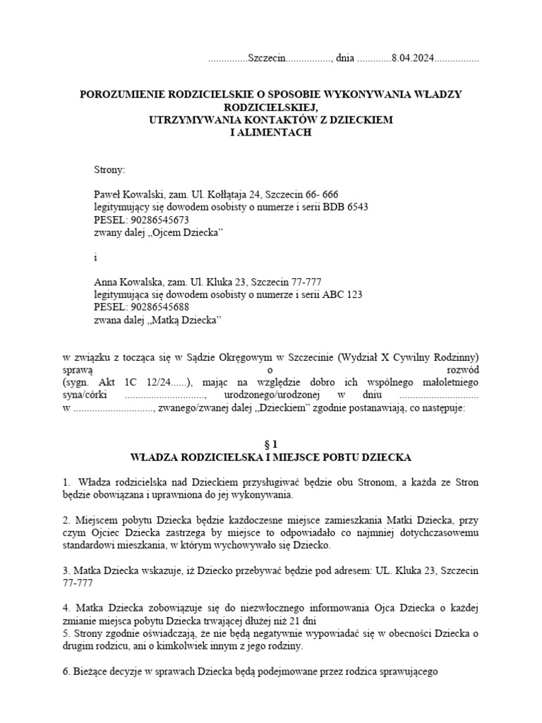 Porozumienie Rodzicielskie Wzór | PDF