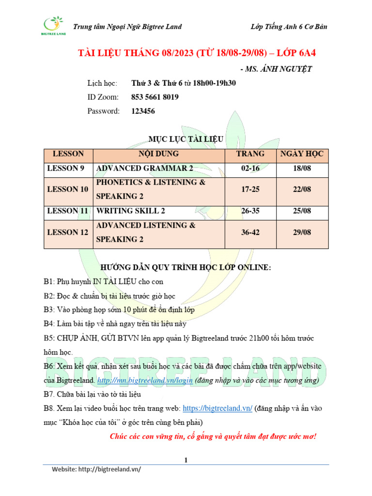 Tài liệu tháng 8 - Phần 2 (LESSON 9-12) | PDF