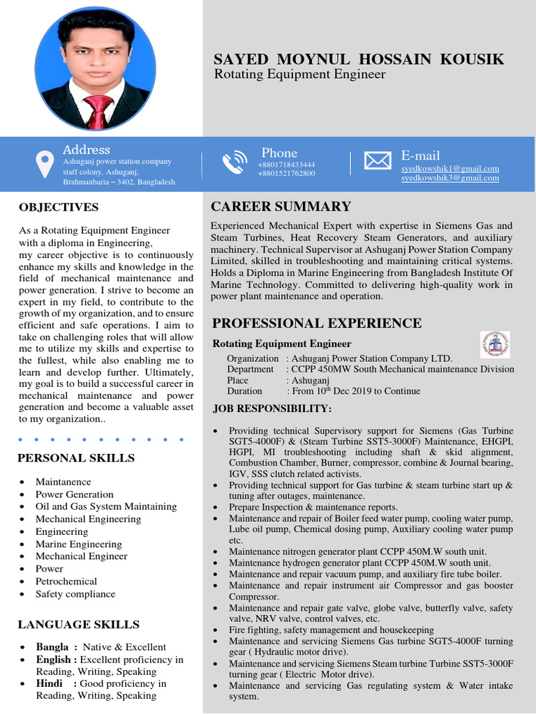 Sayed Moynul Hossain Koushik (CV) Rotating Equipment Engineer | PDF | Power Station | Pump
