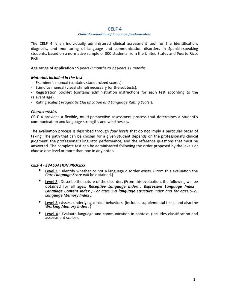 CELF 4 Manual Notes | PDF | Word | Morphology (Linguistics)