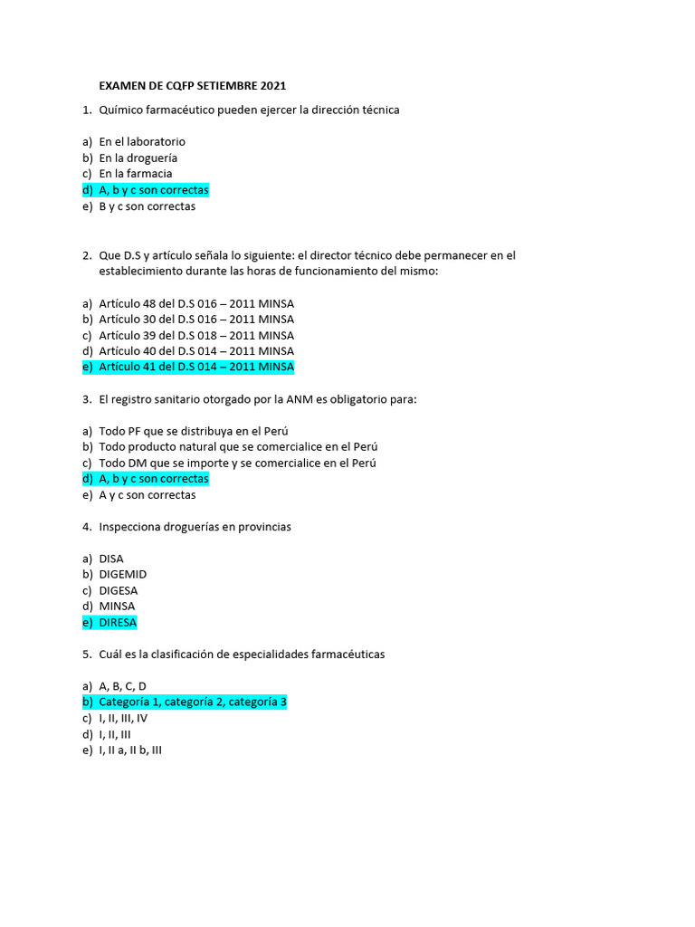 Examen CQFP para Químicos Farmacéuticos | PDF | Farmacia | Ciencias ...