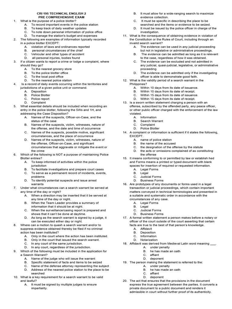 Cri 195 Pre Comprehensive Exam | PDF | Affidavit | Perjury