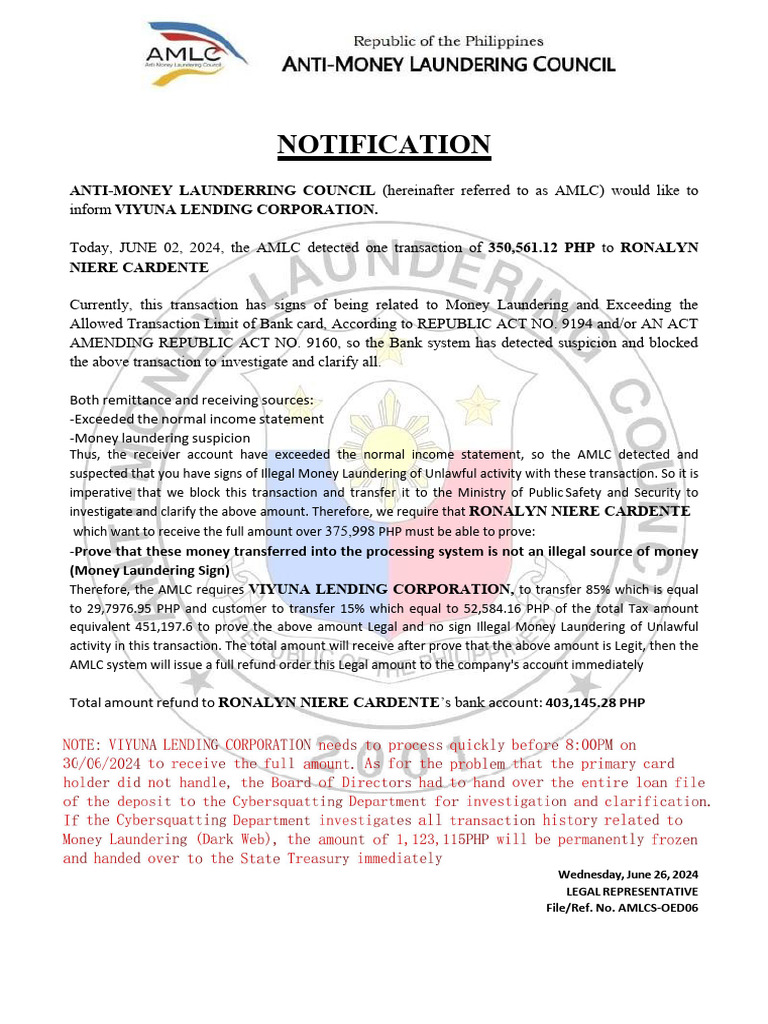 AMLC Notification: Suspicious Transaction Alert | PDF | Finance & Money ...
