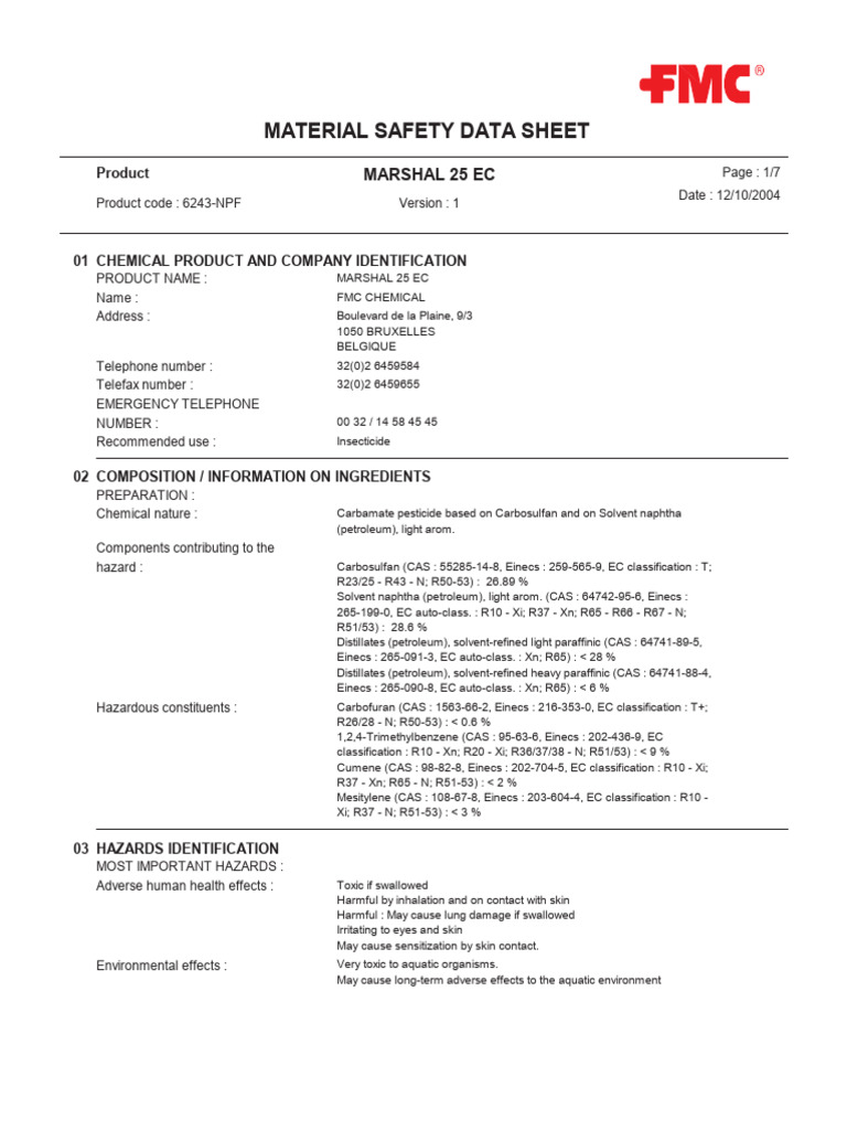 MSDS FG FMC Marsahall 25EC | PDF | Safety | Occupational Safety And Health