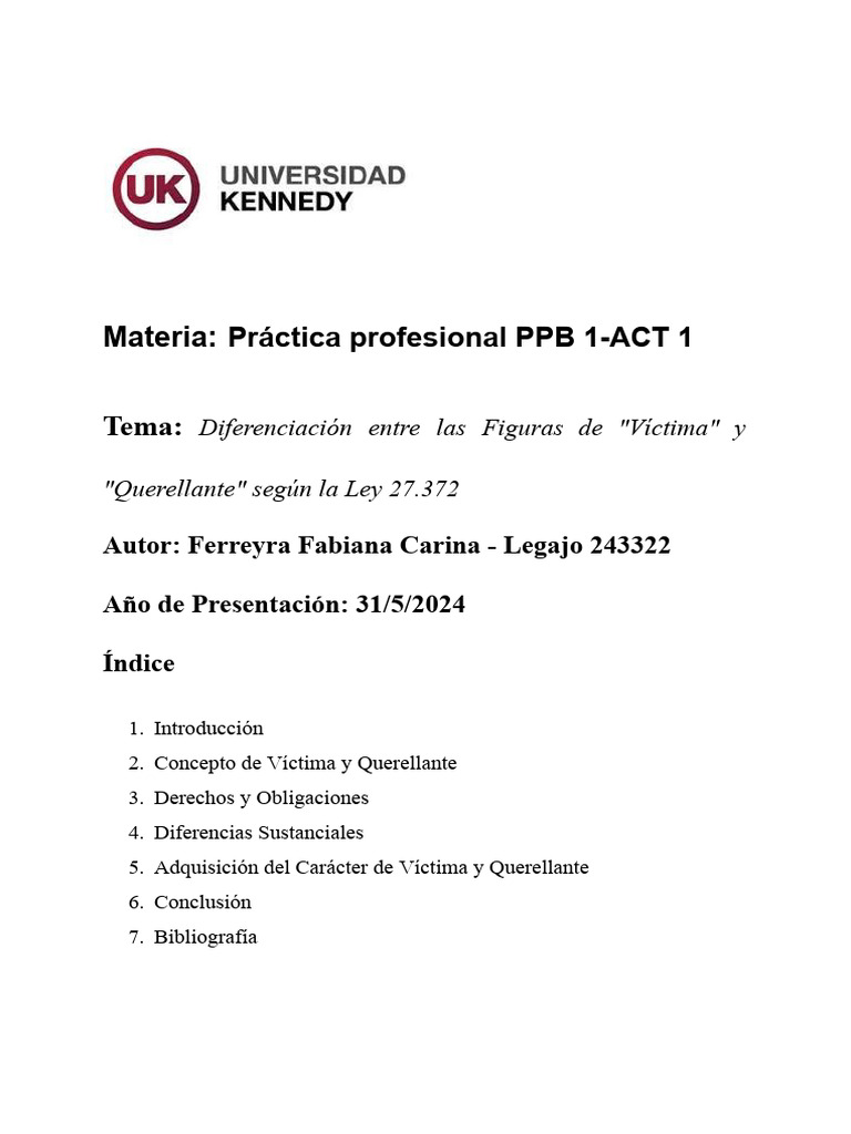 Materia - Práctica Profesional PPB 1-ACT 1 | Descargar gratis PDF | Victimologia | Ley procesal